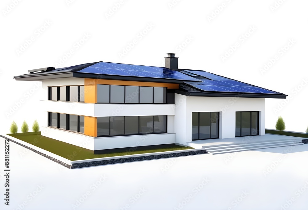 A modern two-story house with a flat roof, solar panels on the roof ...