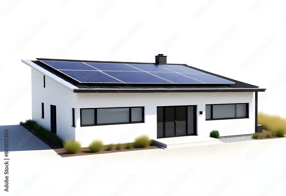 A modern two-story house with a flat roof, solar panels on the roof ...