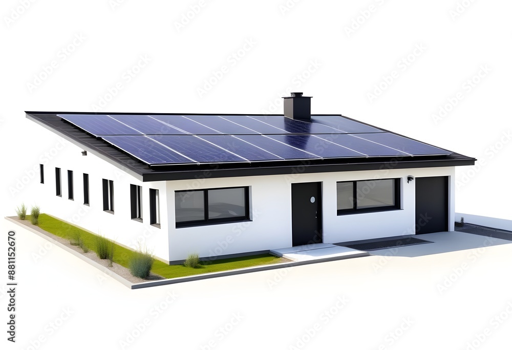 A modern two-story house with a flat roof, solar panels on the roof ...