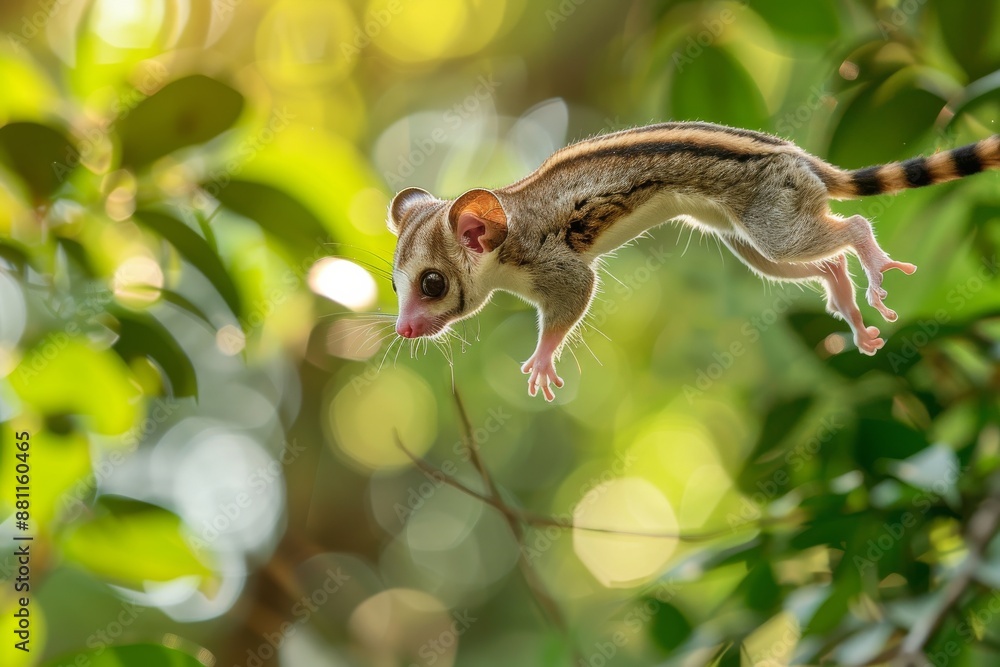 Full body view of Sugar Glider jumping from the tree in natural habitat ...