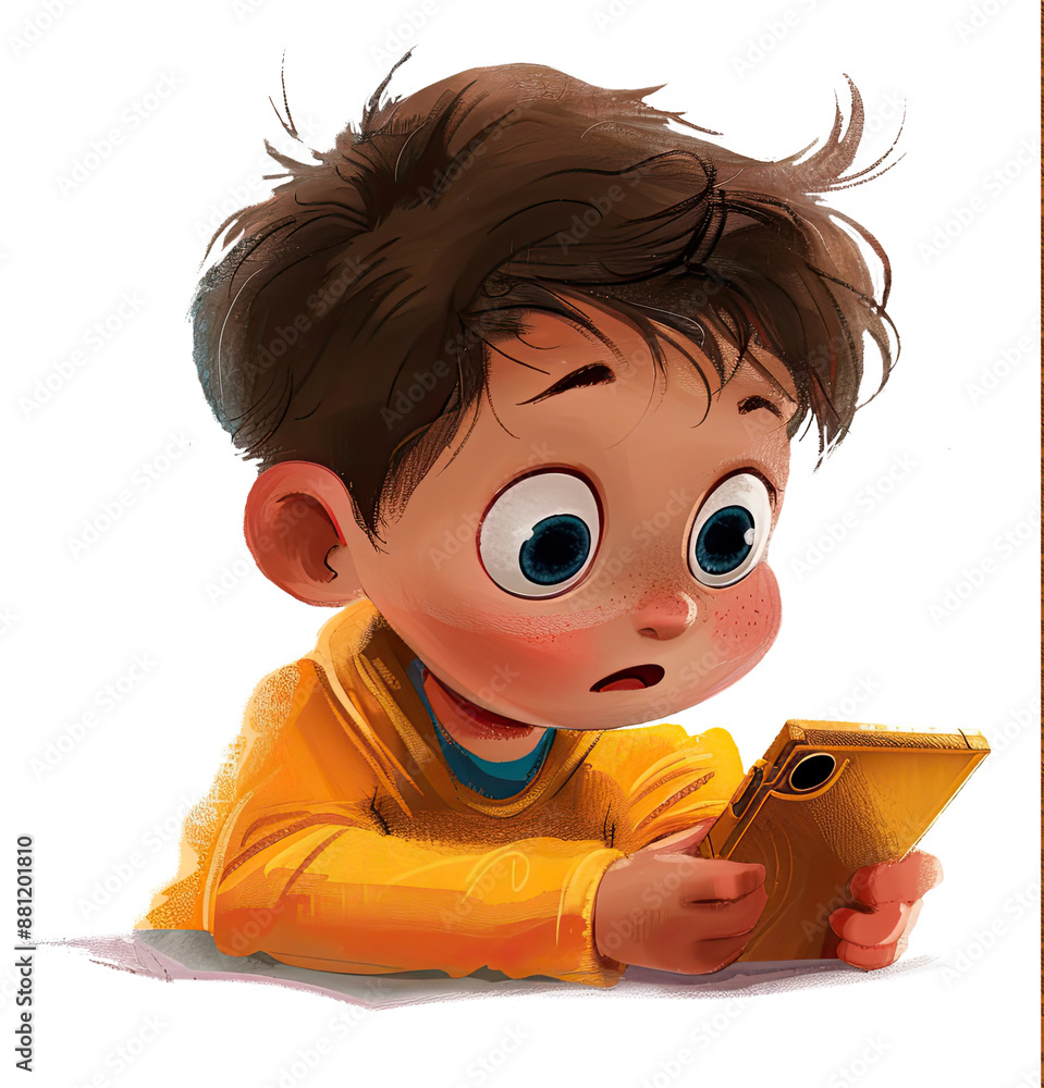 Niño viendo el celular, expresión de sorpresa, medio cuerpo, ropa ...