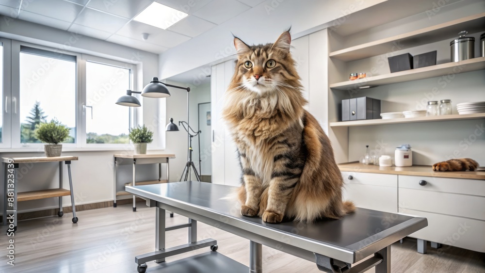 Serene veterinary clinic interior with modern equipment, cat ...