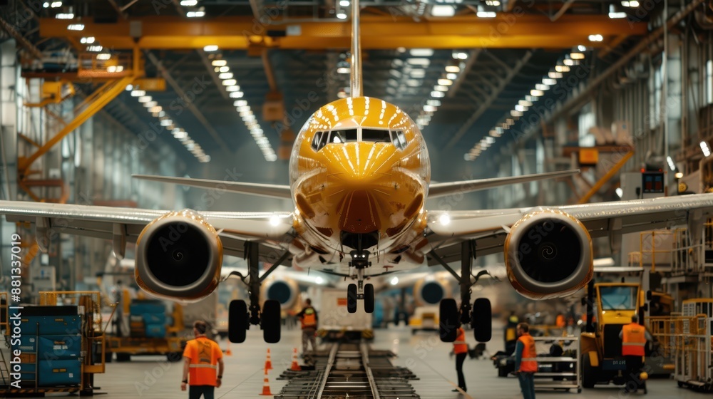 The assembly of an airplane in a highly industrial manufacturing ...