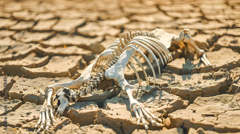 The skeletal remains of an animal lie cracked and decaying on the dry ...