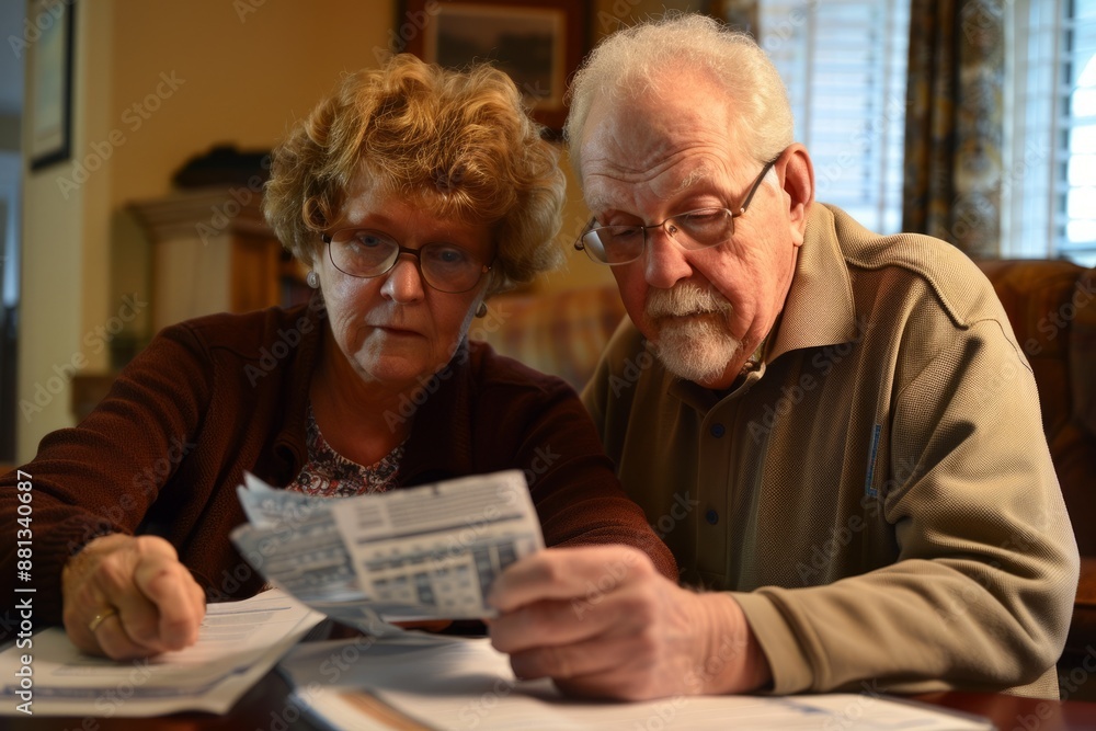 Woman Senior Bill Finance retirement couple home file calculator Paper ...