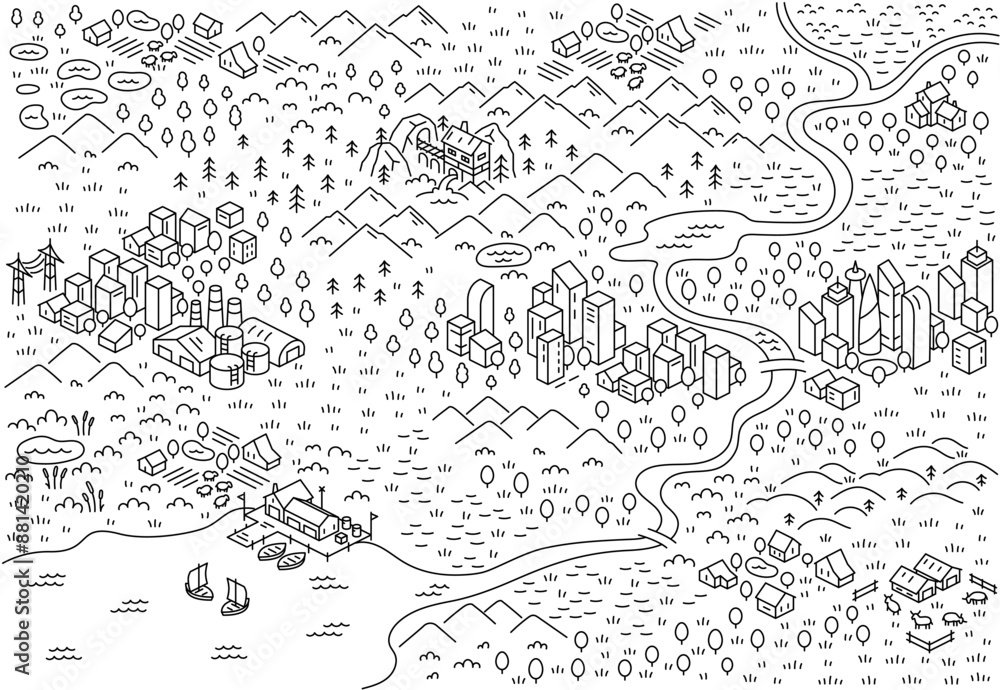 Vector Illustrations of isometry modern city. Area map sketch. Mountain ...