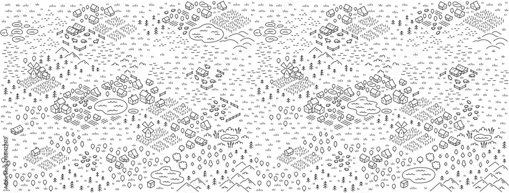 Vector Illustrations of isometry countryside village. Meadows fields ...