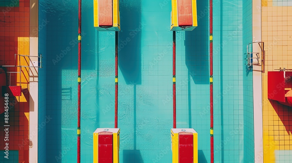 Top view of an Olympic swimming pool with vibrant red and yellow swim ...