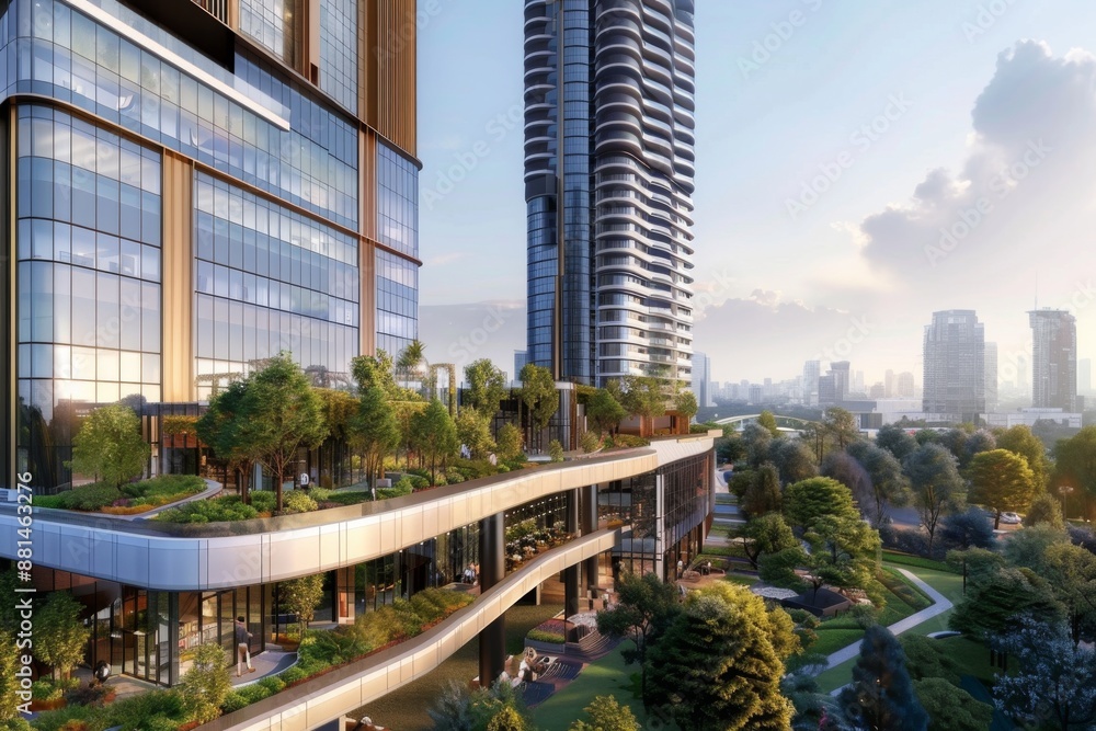 High-rise building with futuristic design, glass facades, smart ...