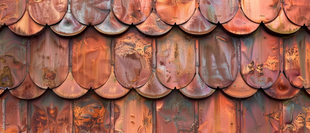 Panoramic close-up, high detail scan of copper roof tile texture ...