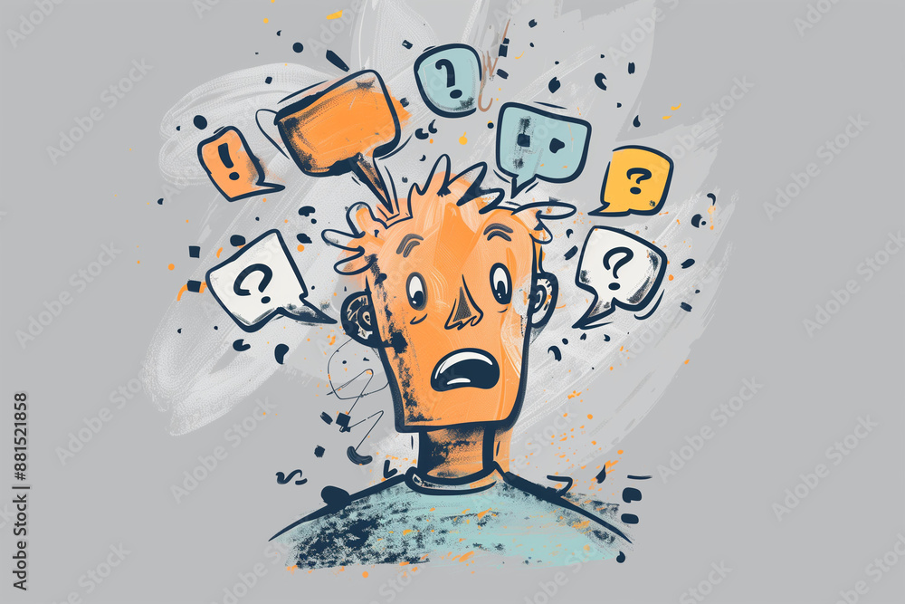 head filled with speech bubbles, exclamation marks and question marks ...
