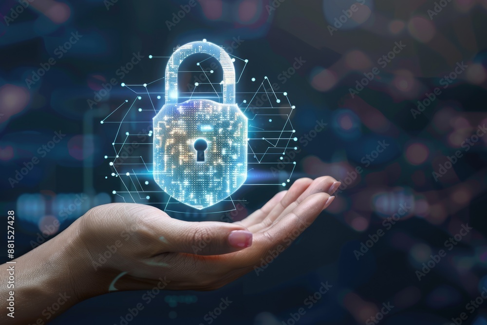 Holographic Padlock Image In A Hand Futuristic Background Highlighting Cyber Security And