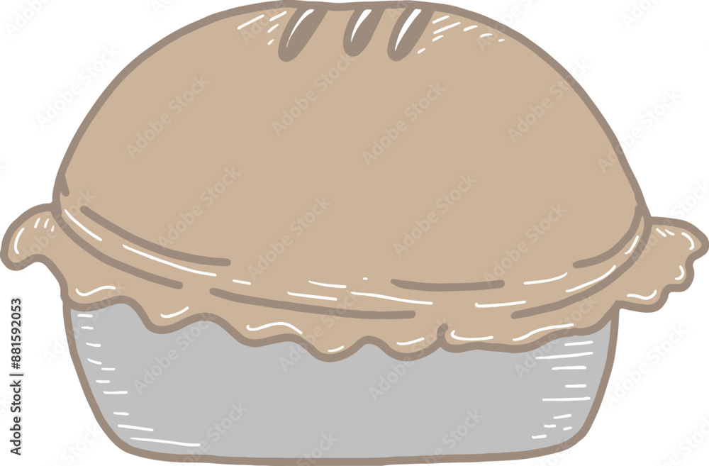 Cartoon pie in a brown metal pan baked until puffed and round with ...