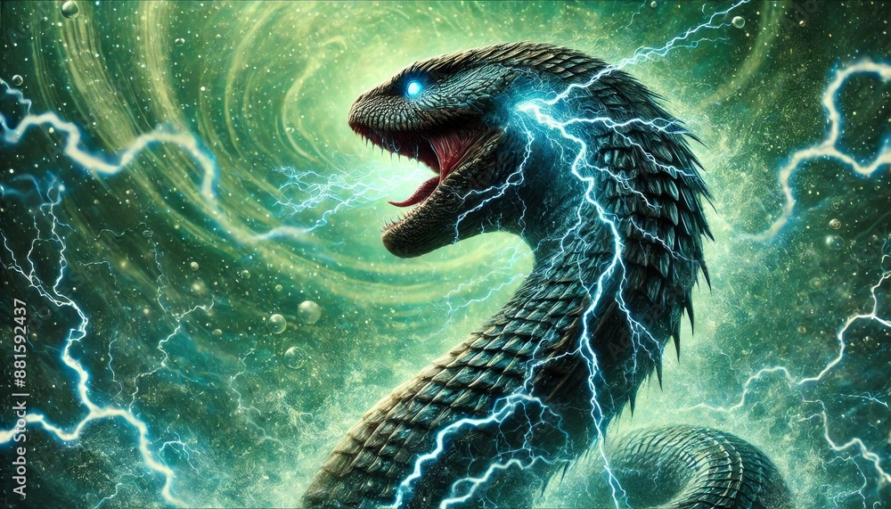 A close-up of a serpentine sea monster's electric aura, capturing the ...