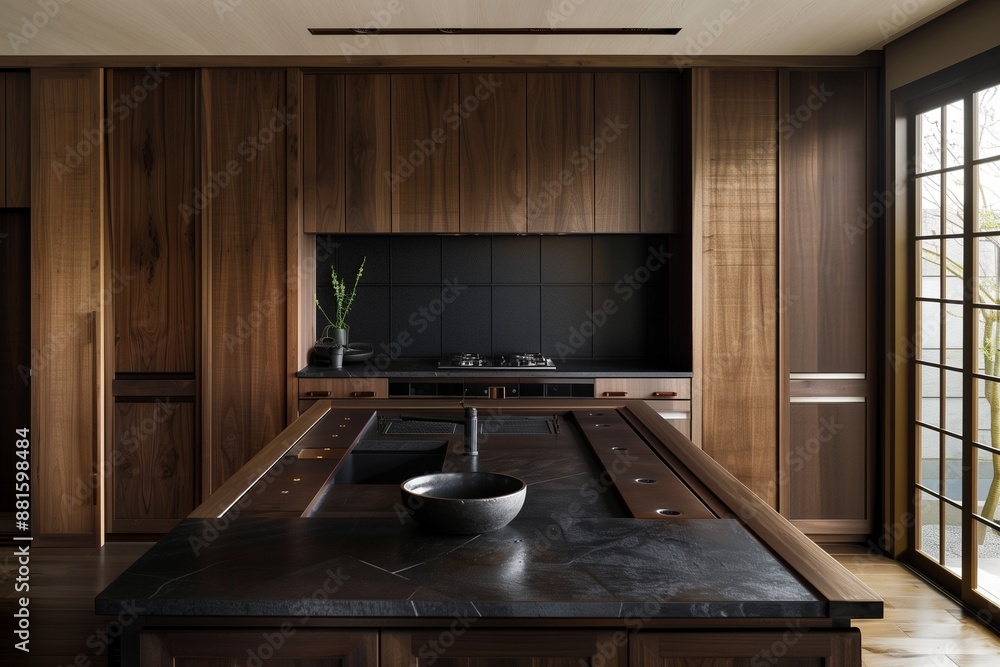 /imagine A Japanese-inspired kitchen with dark wood cabinets, black ...