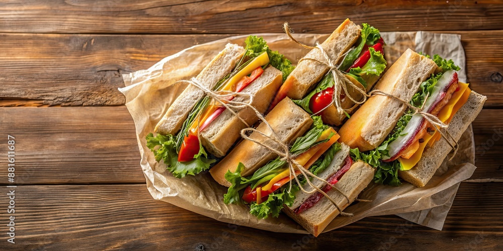 Freshly made sandwiches wrapped in plastic on rustic paper background ...