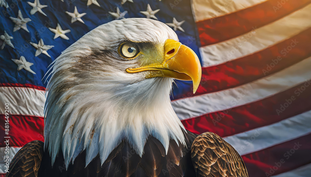 Proud majestic american bald eagle head over wavy United States of ...