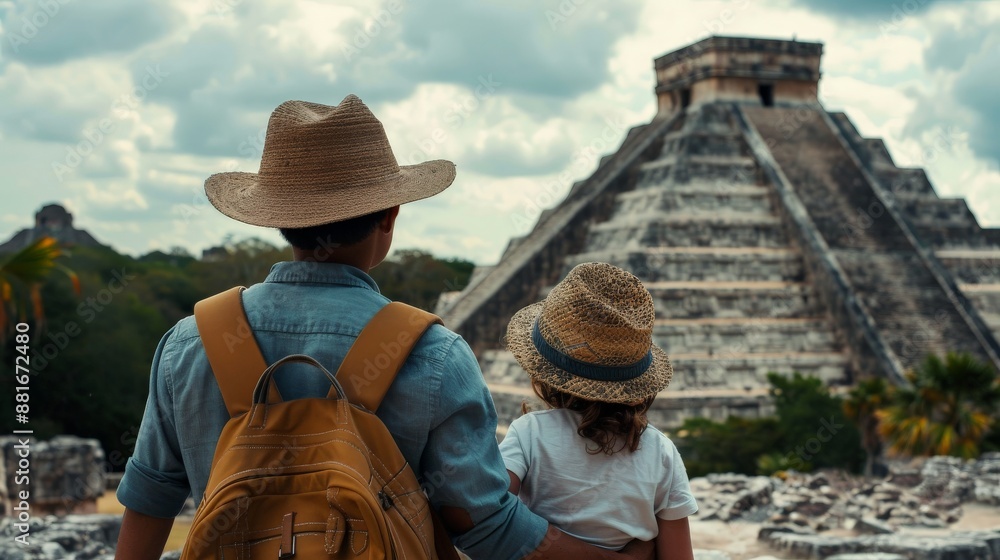 Family exploring the ancient Mayan ruins of Chichen Itza, learning ...
