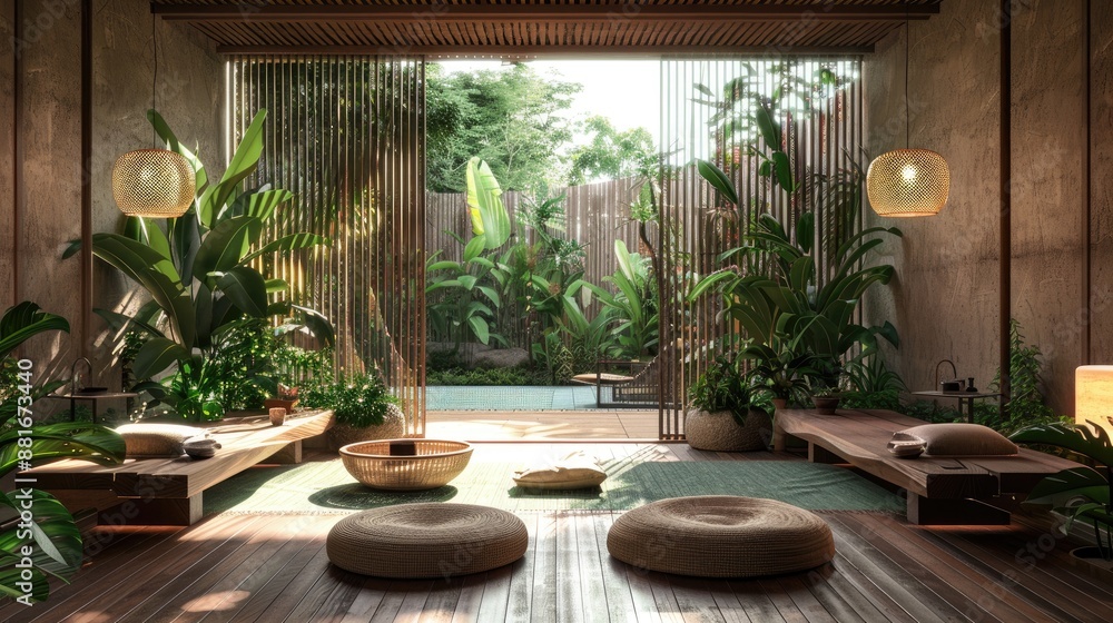 Relaxation spot in genuine Asian spa with tropical surroundings and ...