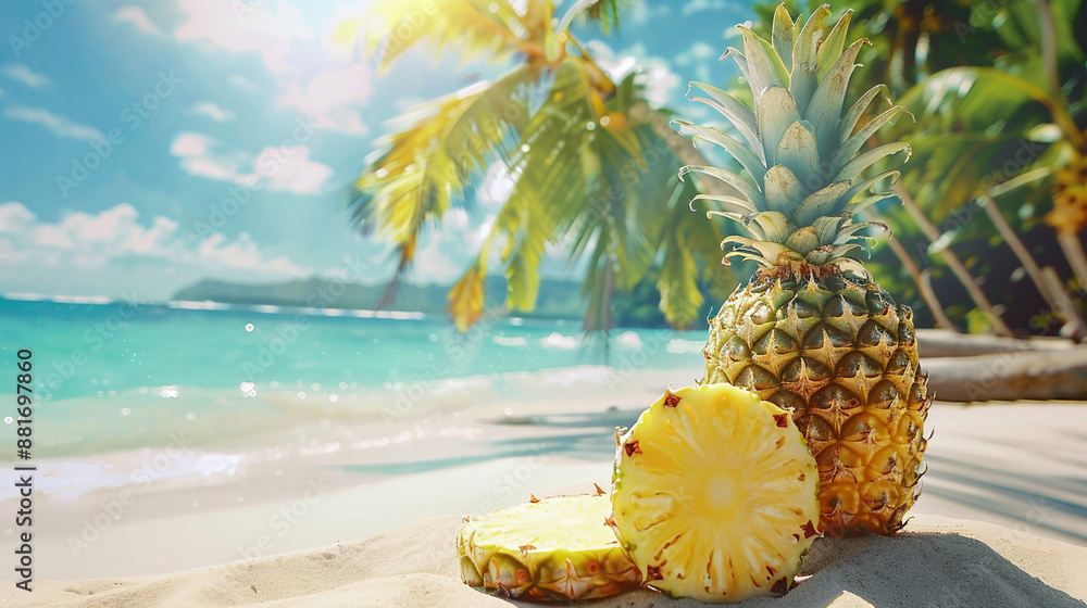Pineapple fruits on tropical beach. Sunny day, sea breeze, palm trees ...