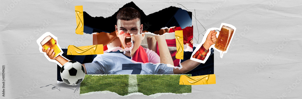 Creative collage showing emotions of soccer fans, intense cheering ...