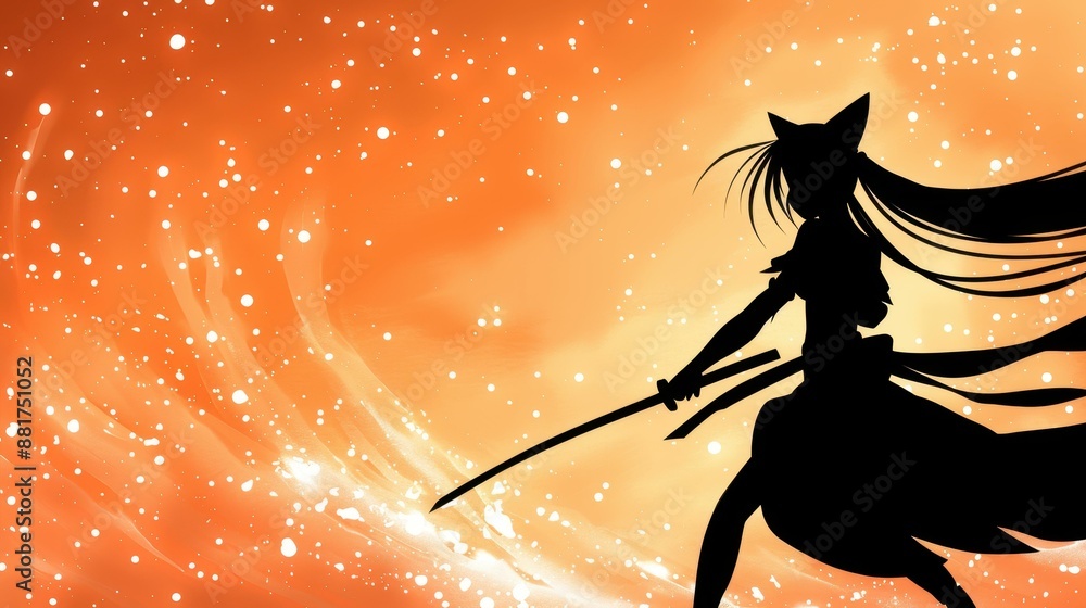 Dynamic art of a fierce fox girl in a kimono, wielding a katana in a ...