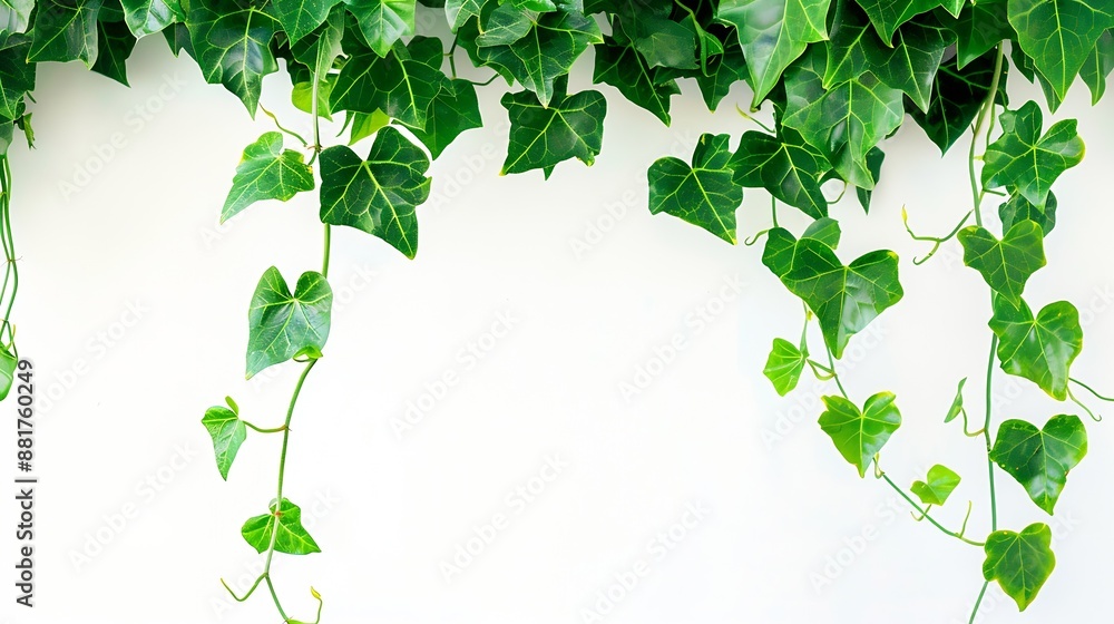 long green vine with leaves hanging down The vine is growing on a white ...