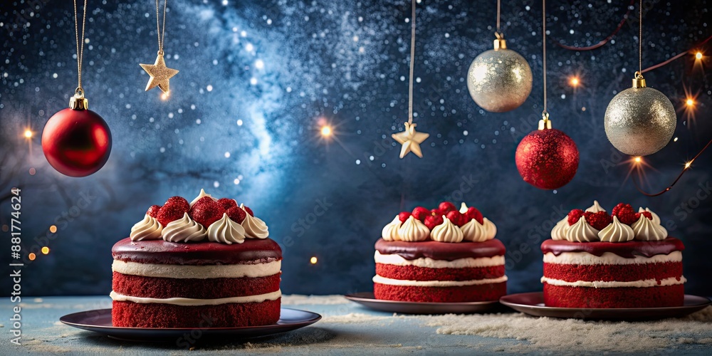 Floating red velvet cakes and baubles in front of a blue moon and ...