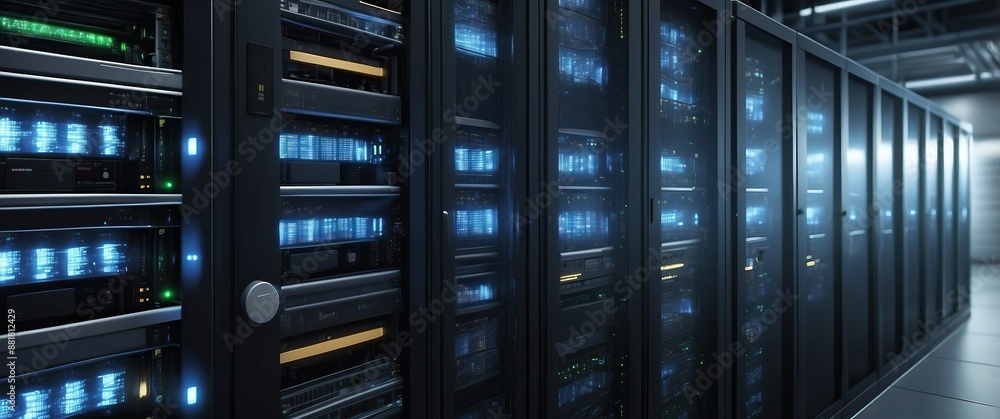 Modern data center with blue lit server racks storing and processing digital information, ideal ...