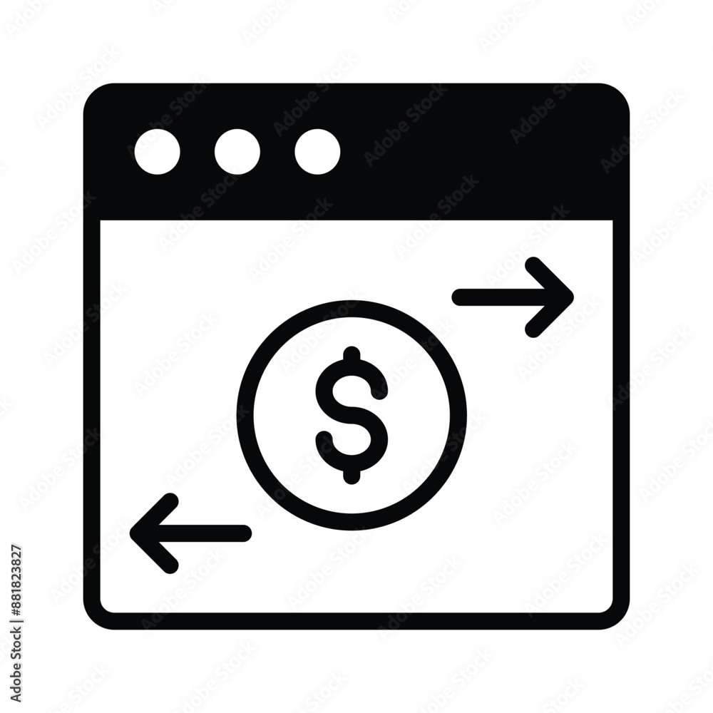 Dollar coin inside webpage with arrows, concept of money transfer ...