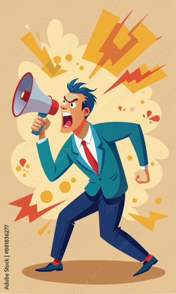 Aggressive Advertising Campaign with Furious Businessman Shouting on ...