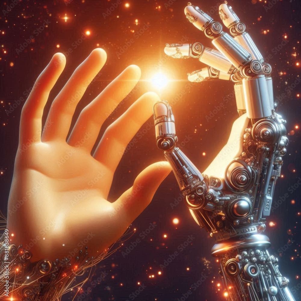 A touch of the future, robotic finger touching the human's hand ...