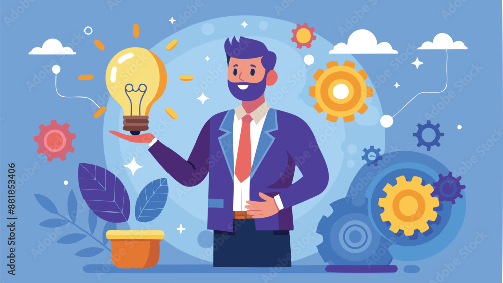 Smart Businessman Presenting Innovative Lightbulb with Cogs and Gears ...