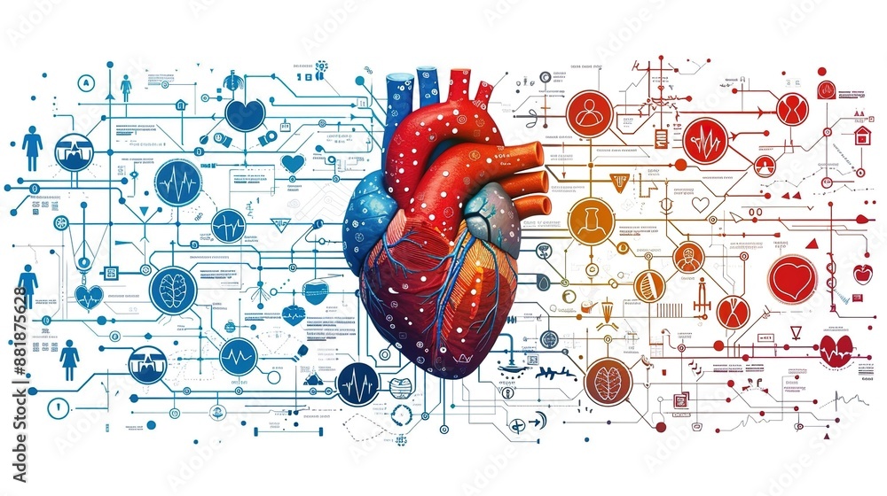 Human heart with infographic medical icons and symbols - white ...
