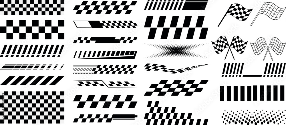 Racing stripe banners, checkered pattern vector set, flag, speed line ...