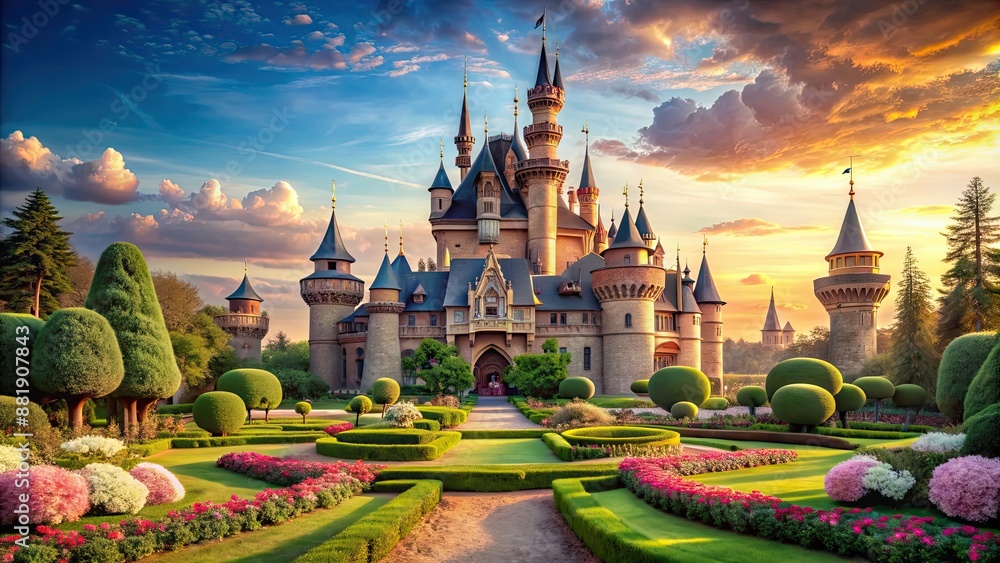 Majestic fairy tale castle surrounded by enchanting gardens and turrets ...