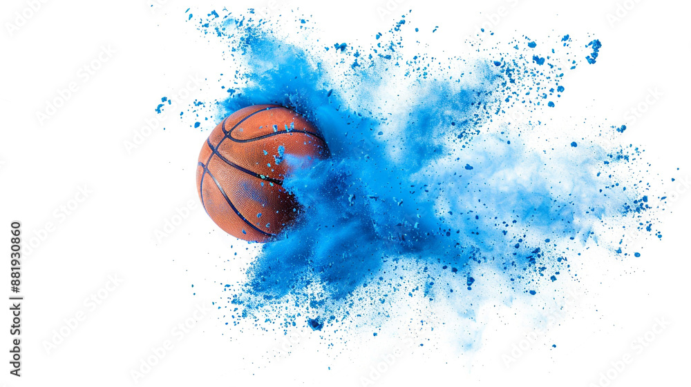 basketball with blue powder explosion on white background Stock ...