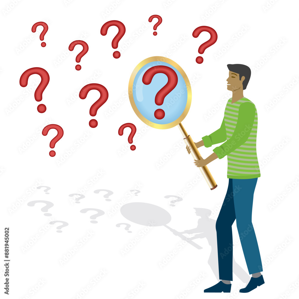 Man trying to find the answers, looking with magnifying glass at ...