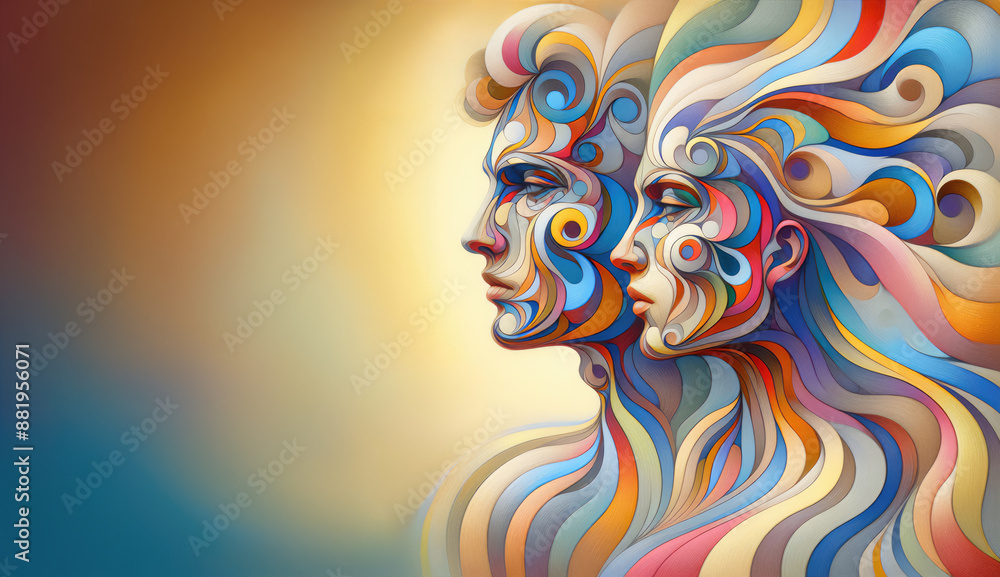 abstract poster of two people with different colors, swirl facial ...