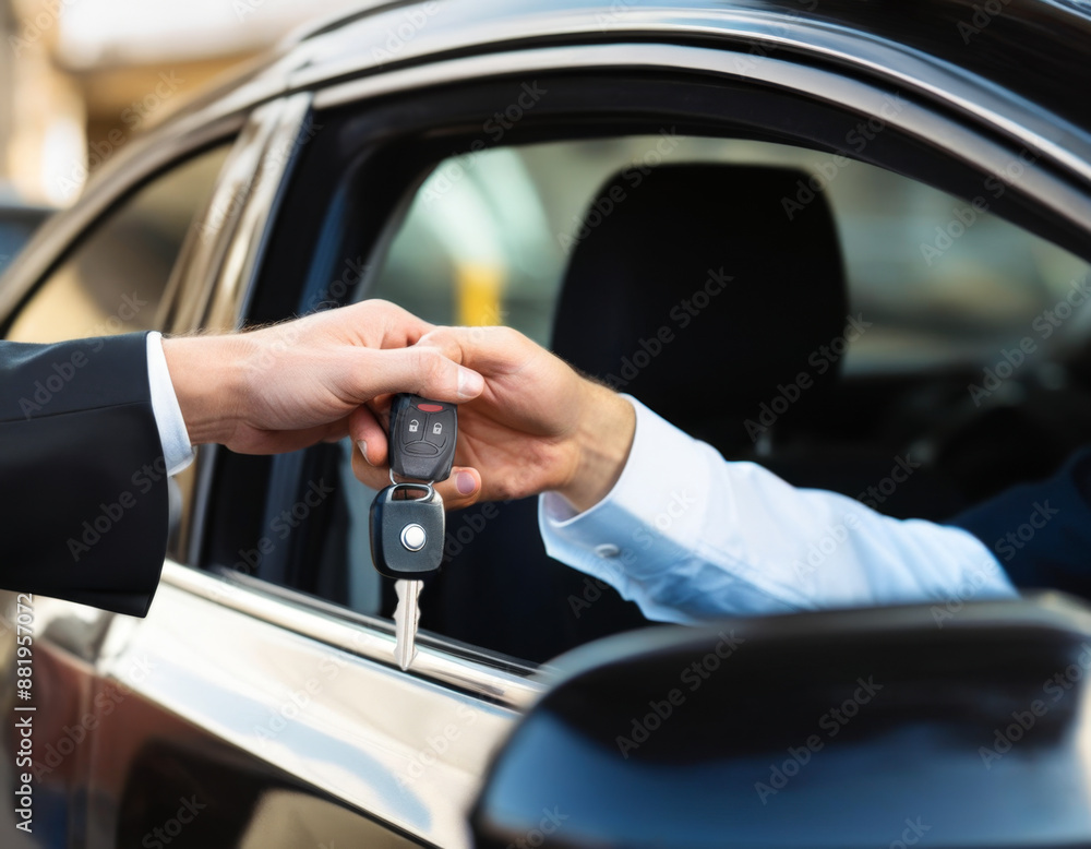 handing over the car key fob through the window of the car Stock Photo ...