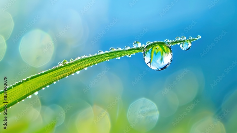 Artistic view of a single raindrop on a blade of grass, reflecting the ...