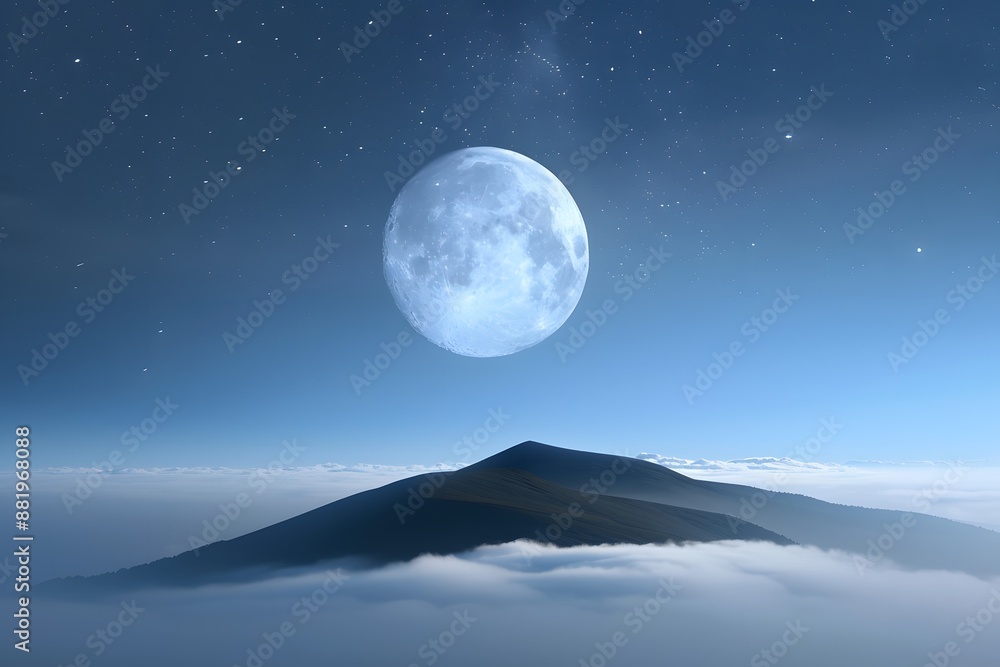 Majestic full moon illuminating a mountain peak above a sea of clouds ...