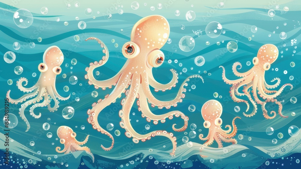 Whimsical underwater scene featuring various sizes of cartoon-style ...