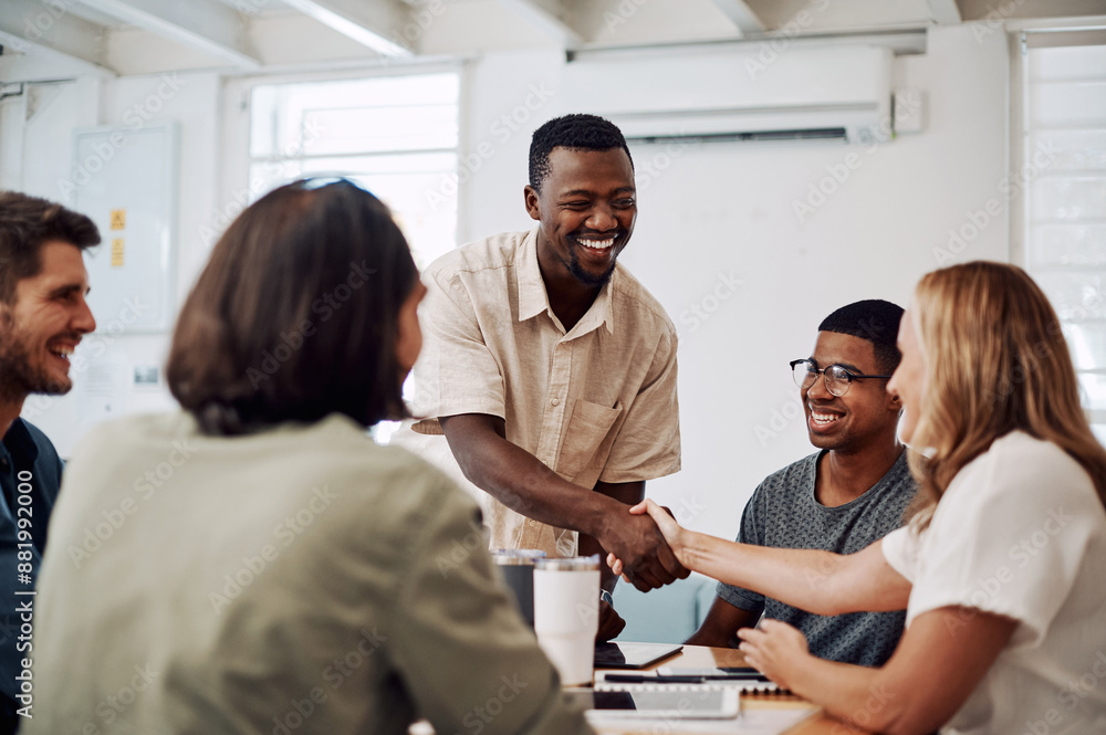 Creative people, handshake and meeting success, collaboration or ...