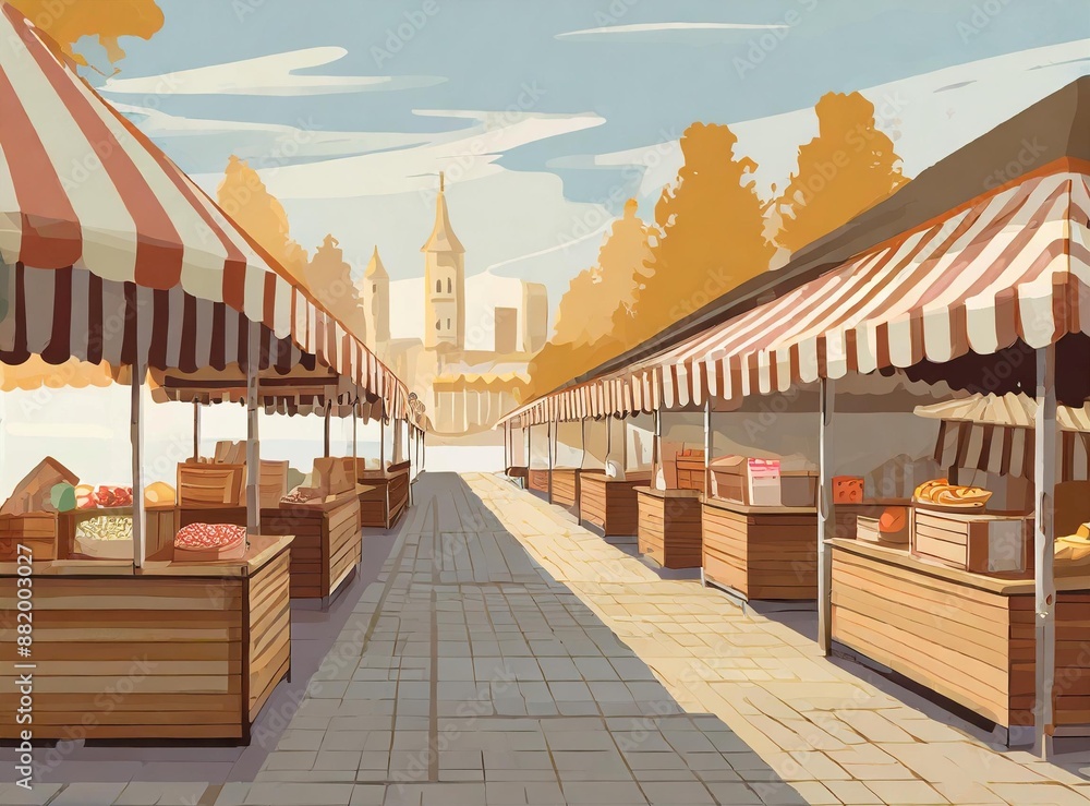 Cartoon illustration depicts outdoor market stalls, fair booths, wooden ...