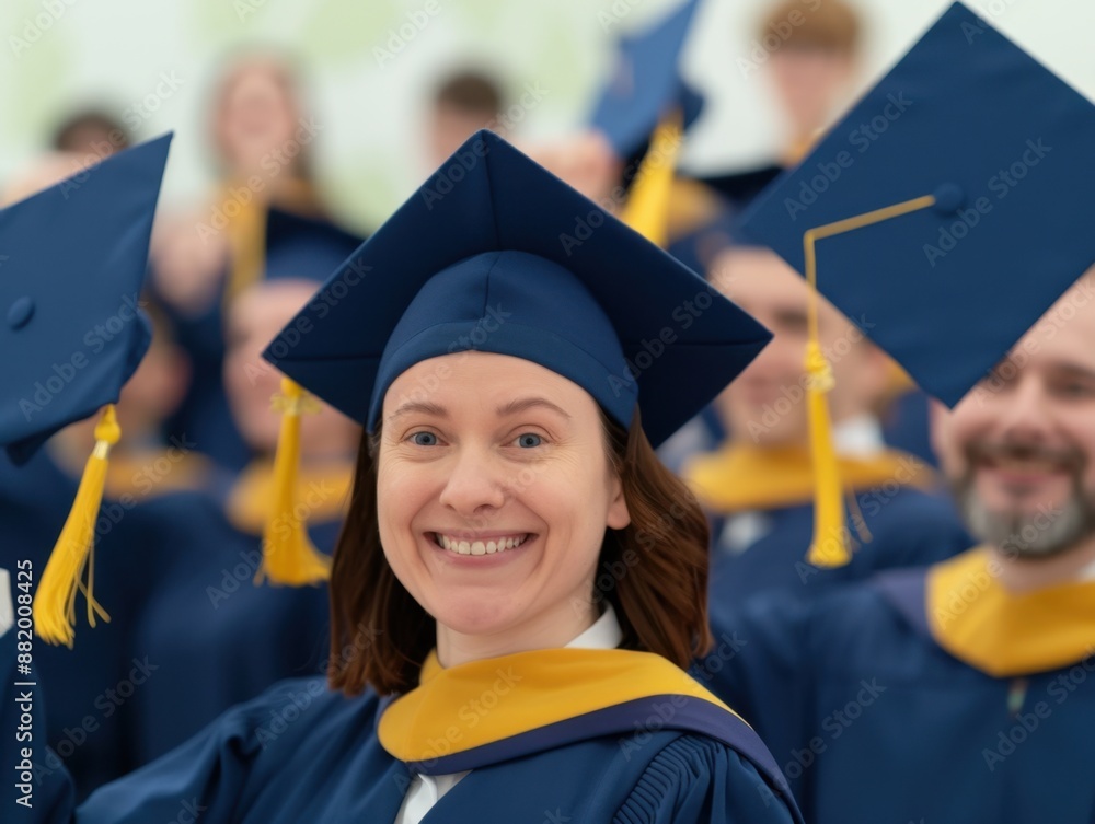 Proud students celebrating graduation ceremony, tossing caps, college achievement, copy space ...