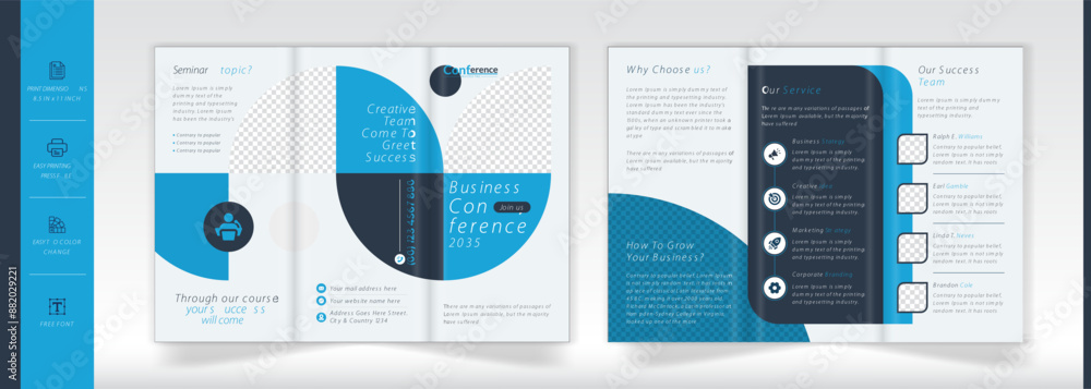 Marketing seminar brochure tri-fold layout. Business conference trifold ...
