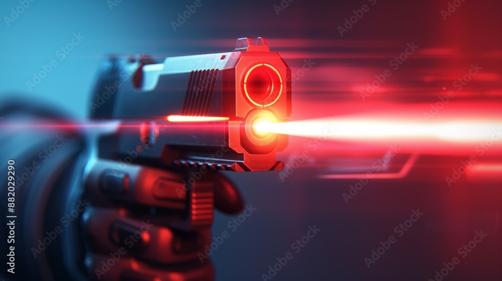 Close up of hand holding a gun with red laser sight firing. Stock ...