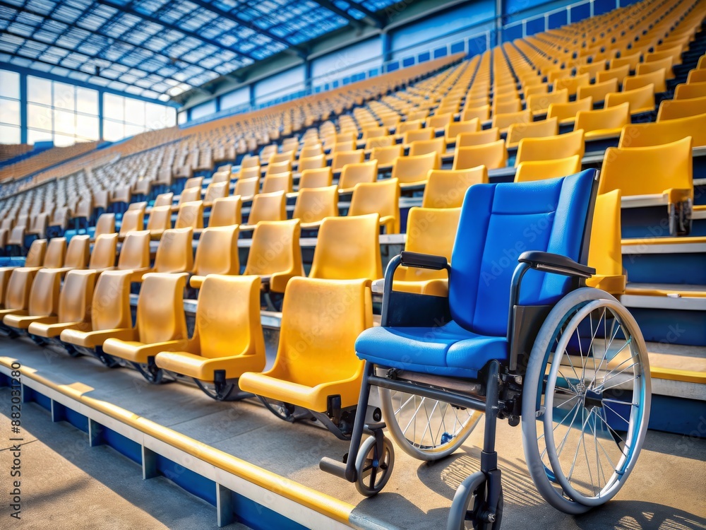An empty stadium seat with a folded wheelchair and a wheelchair ...