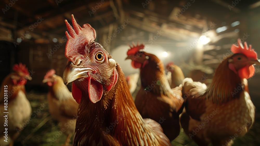 Hen at farm. Chicken head at farmland. Head of rooster, animal closeup ...